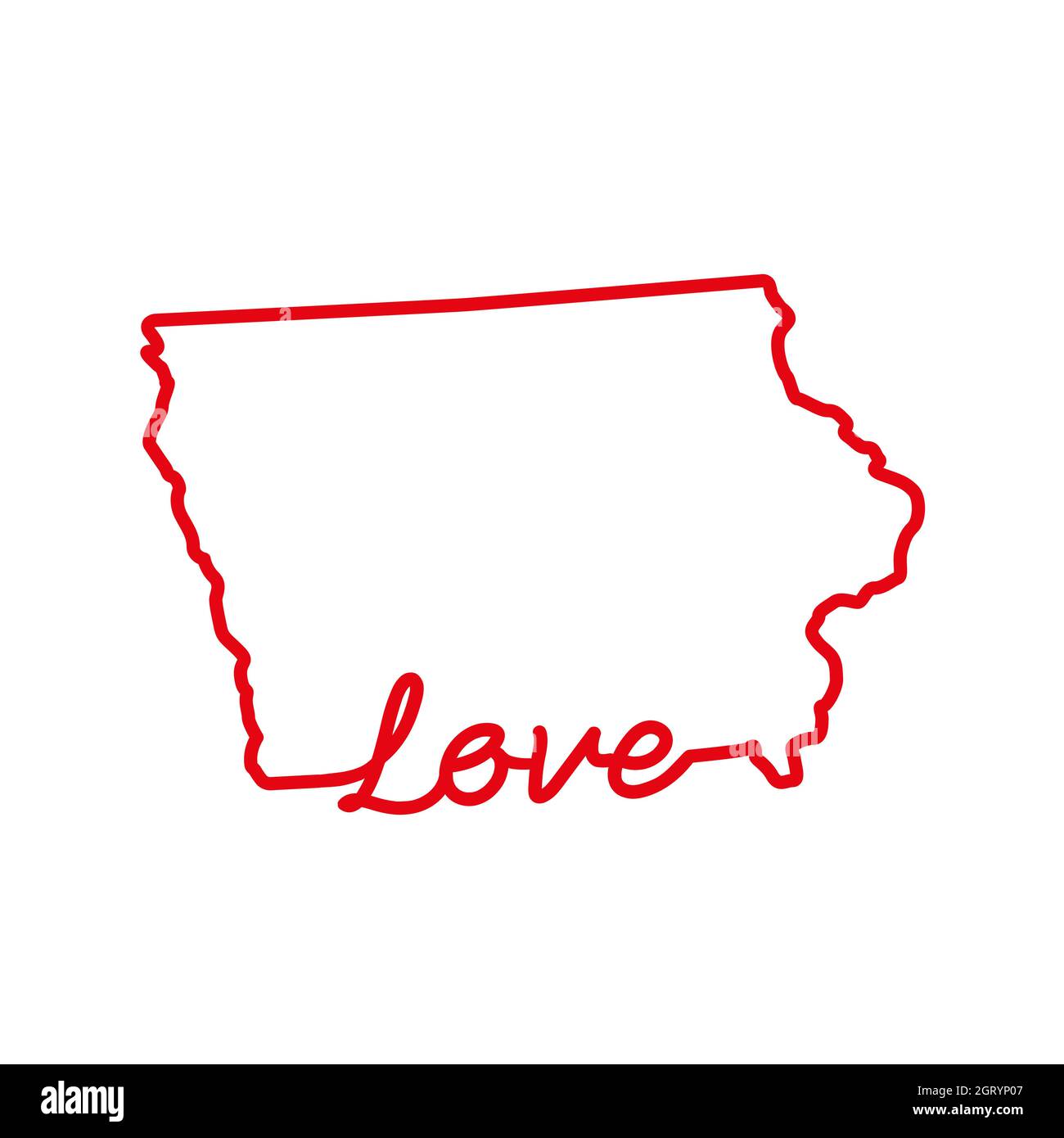 Iowa US state red outline map with the handwritten LOVE word ...