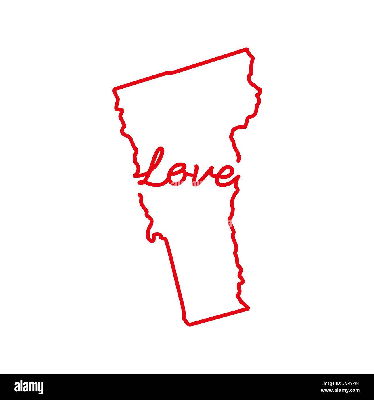 Vermont US state red outline map with the handwritten LOVE word ...
