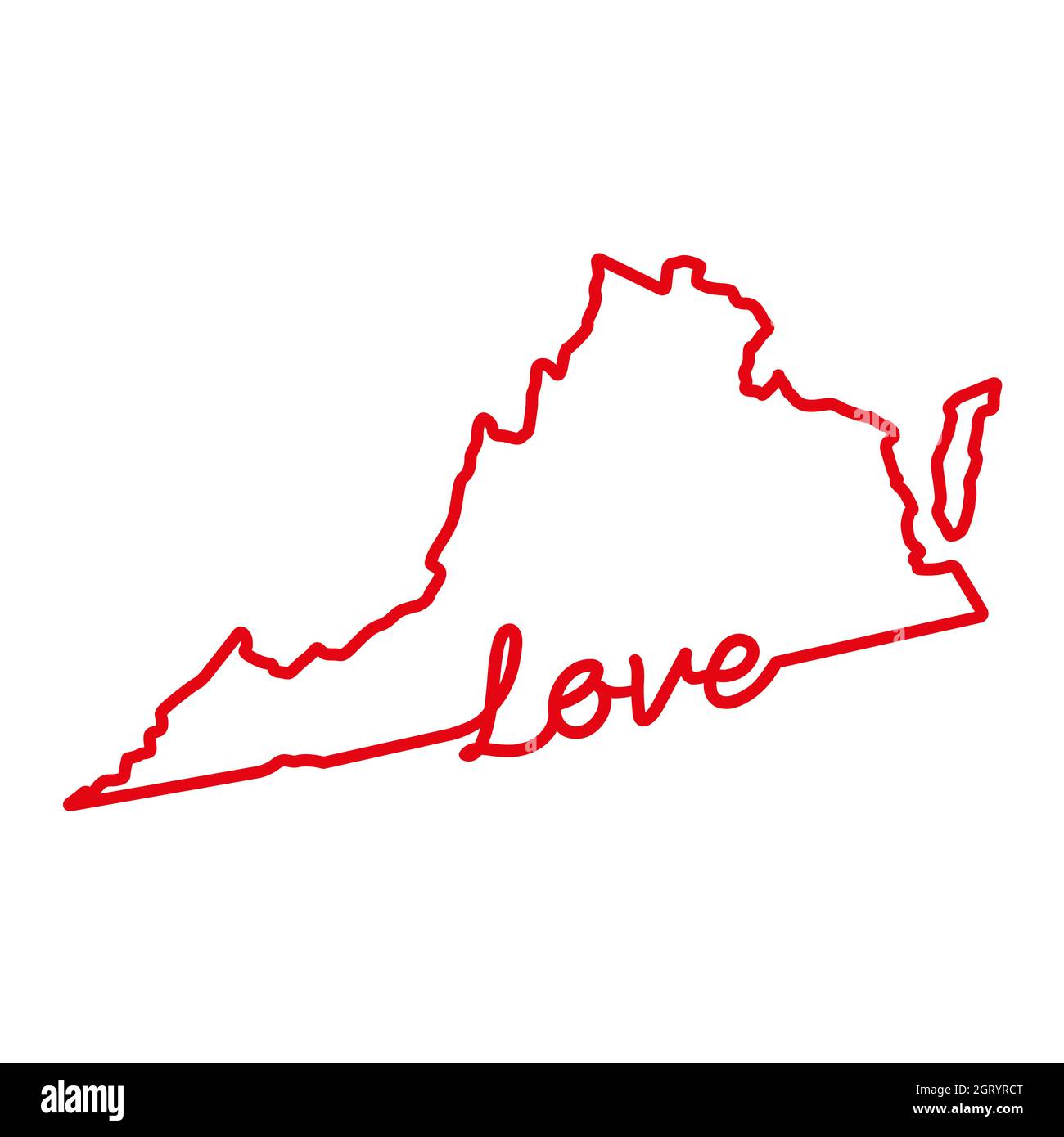 Virginia US state red outline map with the handwritten LOVE word ...