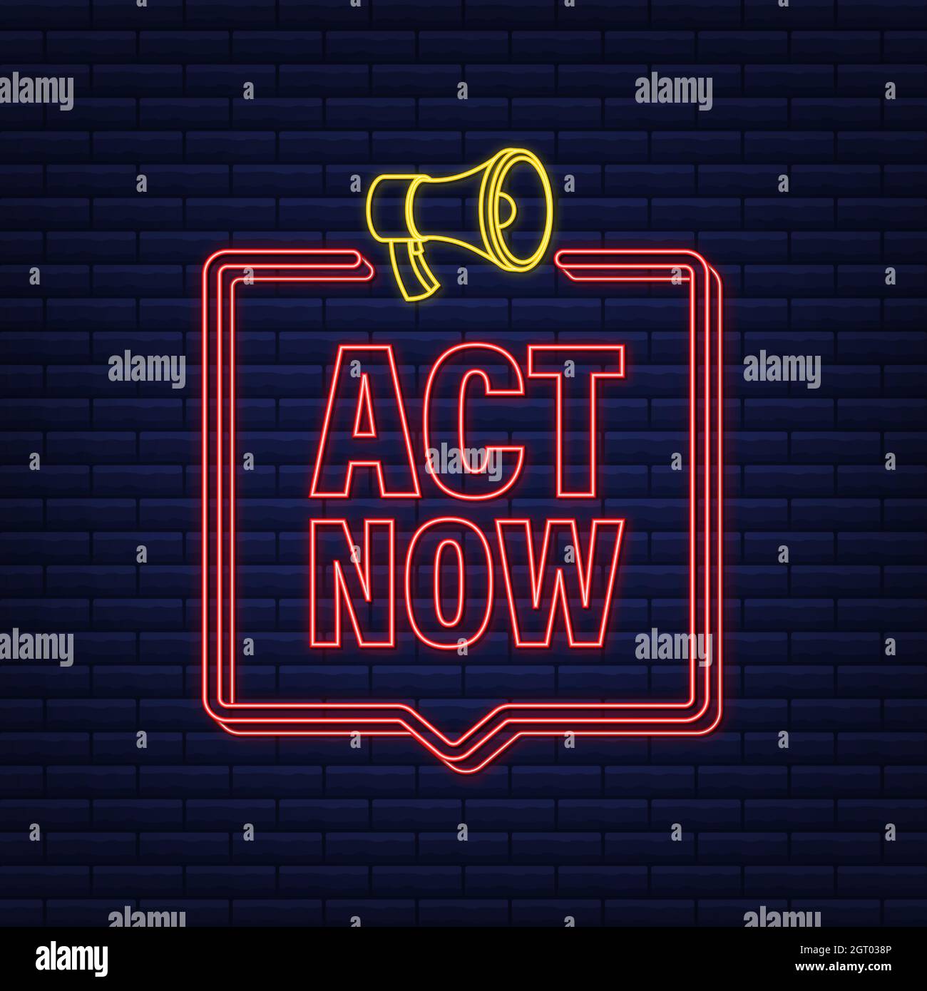 Megaphone label with act now. Neon icon. Megaphone banner. Web design ...