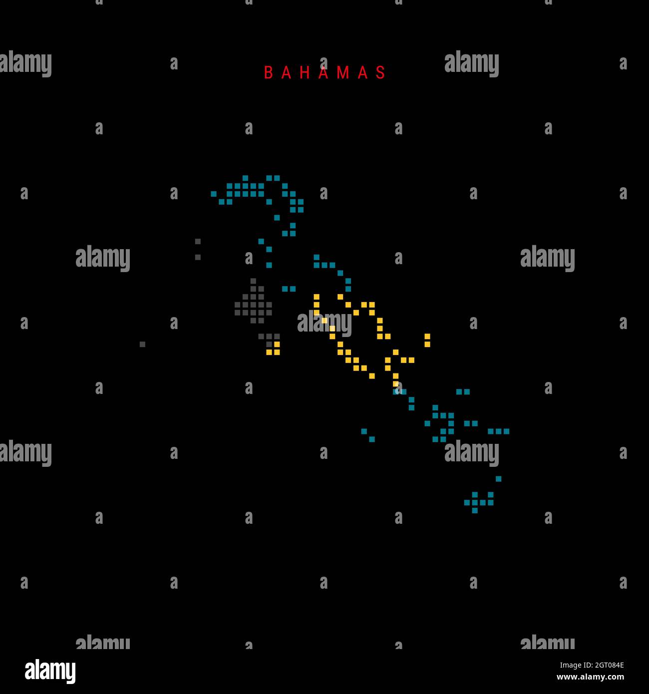 Square dots pattern map of Bahamas. Dotted pixel map with national flag colors isolated on black ...