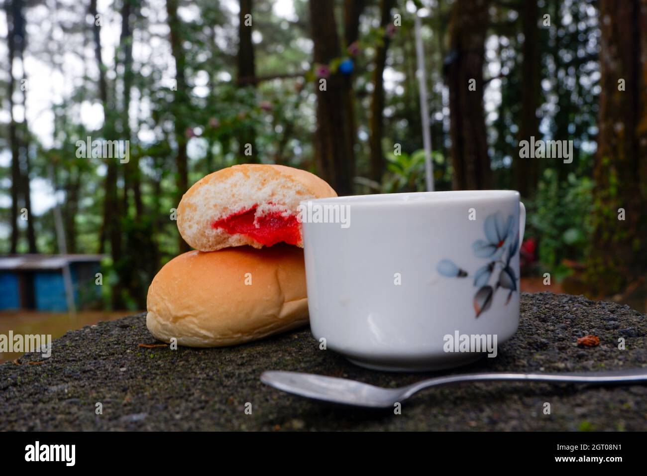 Closeup of a cup of tea with strawberry jam buns on a rock in a garden ...