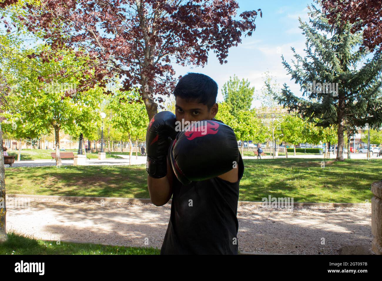 SORIA, SPAIN - May 06, 2021: A professional Hispanic boxer training ...