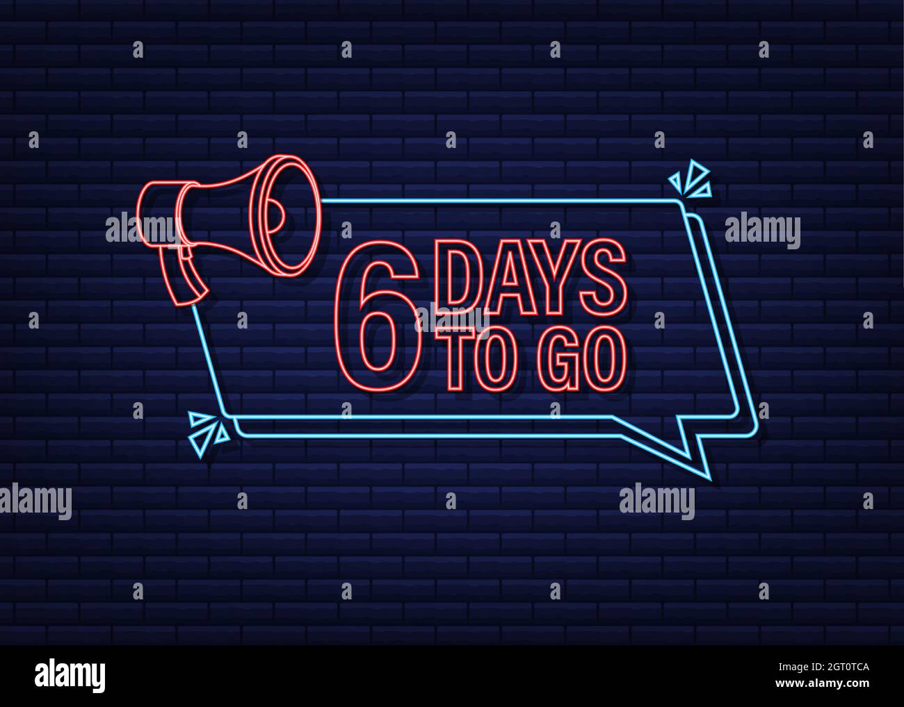 6 days to go megaphone banner. Neon style icon. Vector typographic ...