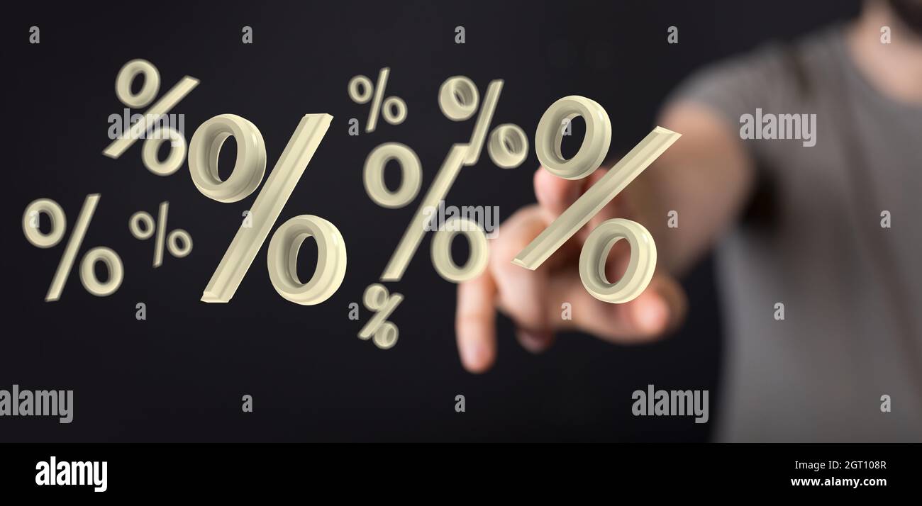 3D rendering of Percentage icons floating in the air with a hand ...