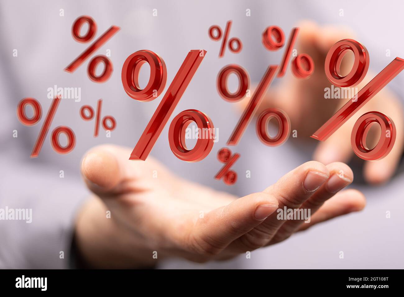 3D rendering of Percentage icons floating on human hand- concept for ...