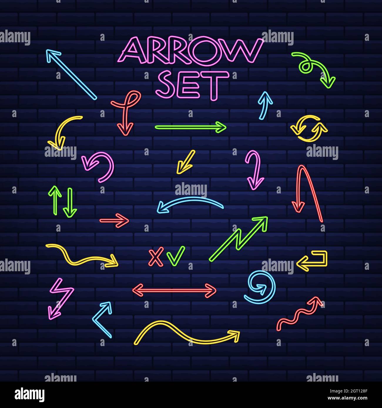 3d blue neon arrow set on dark backdrop. Vector white light. Graphic ...