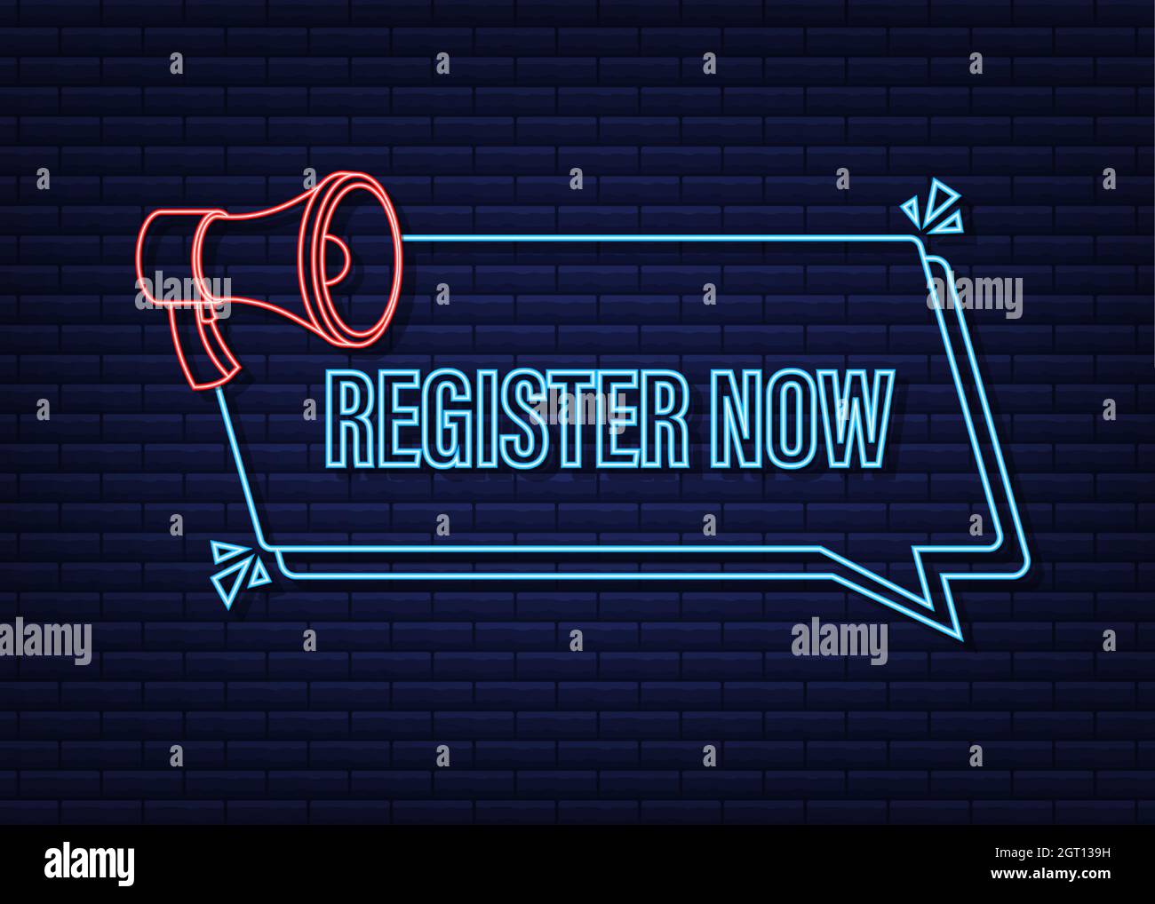 Megaphone label with register now. Neon icon. Web design. Vector stock ...
