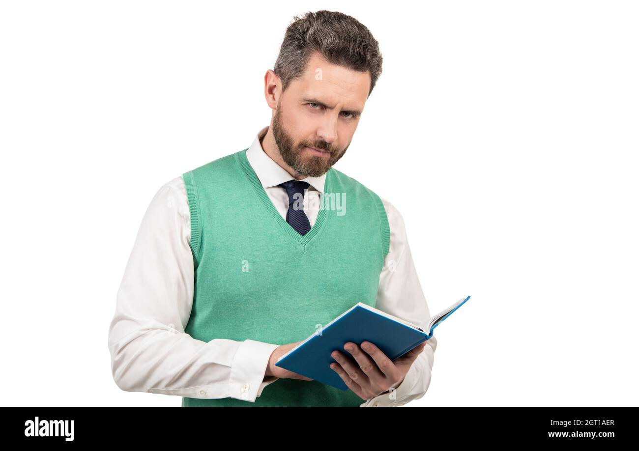 serious guy reading planner isolated on white background, planning ...