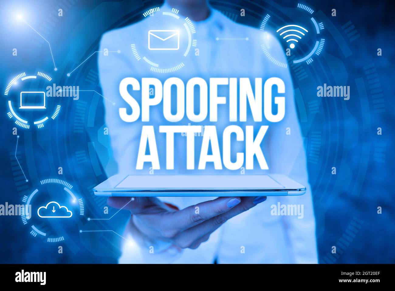 Sign displaying Spoofing Attack. Internet Concept impersonation of a ...