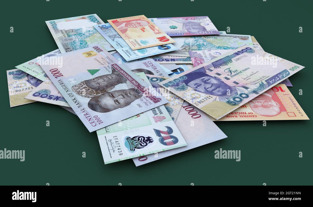 All denominations of Nigerian naira note on green plain background ...