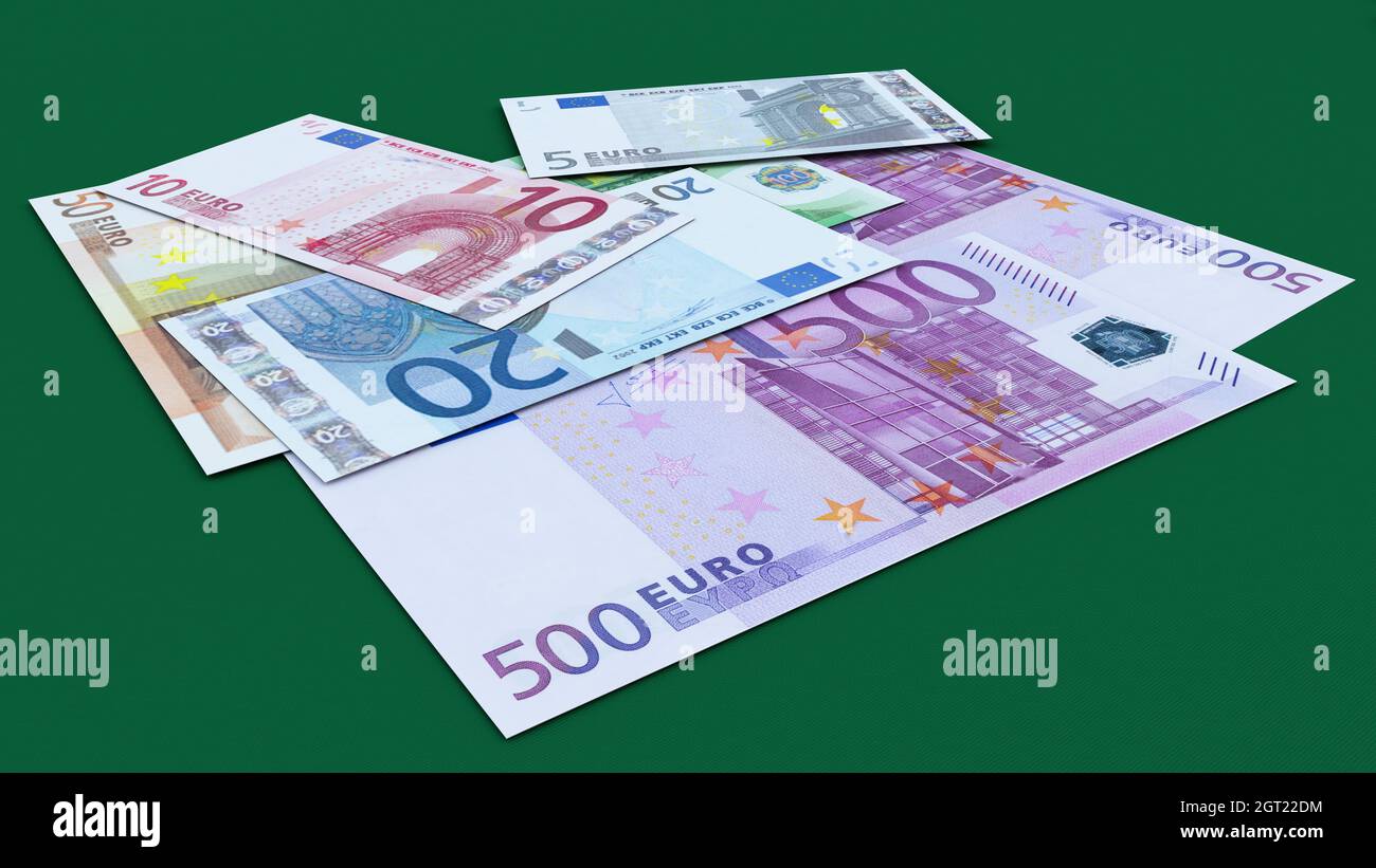 All denomination of euros on green plain background Stock Photo - Alamy