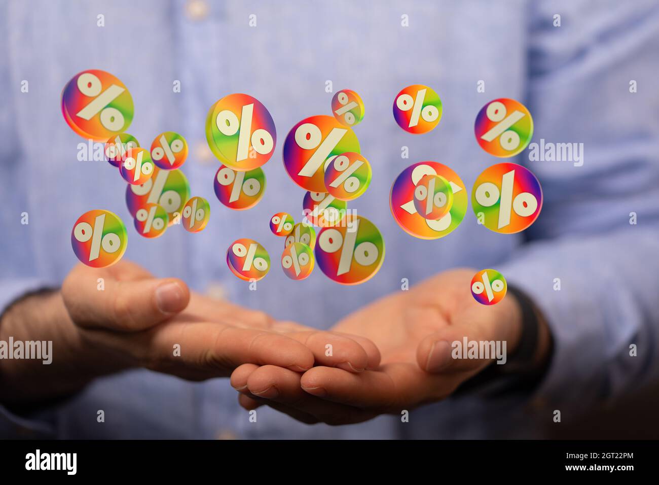 3D rendering of percentage icons floating on hands- sales concept Stock ...