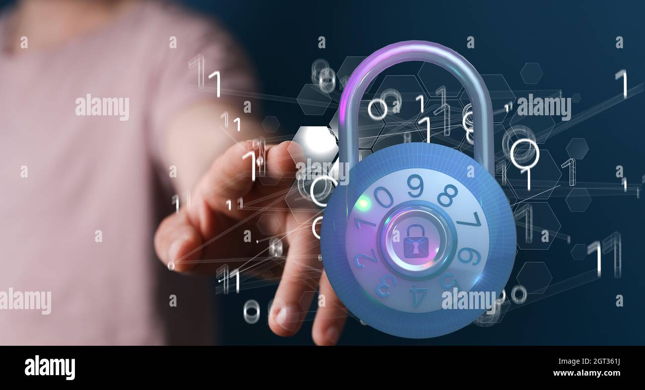 3D rendering of a padlock with binary codes floating over hands- Secure Access System Concept ...