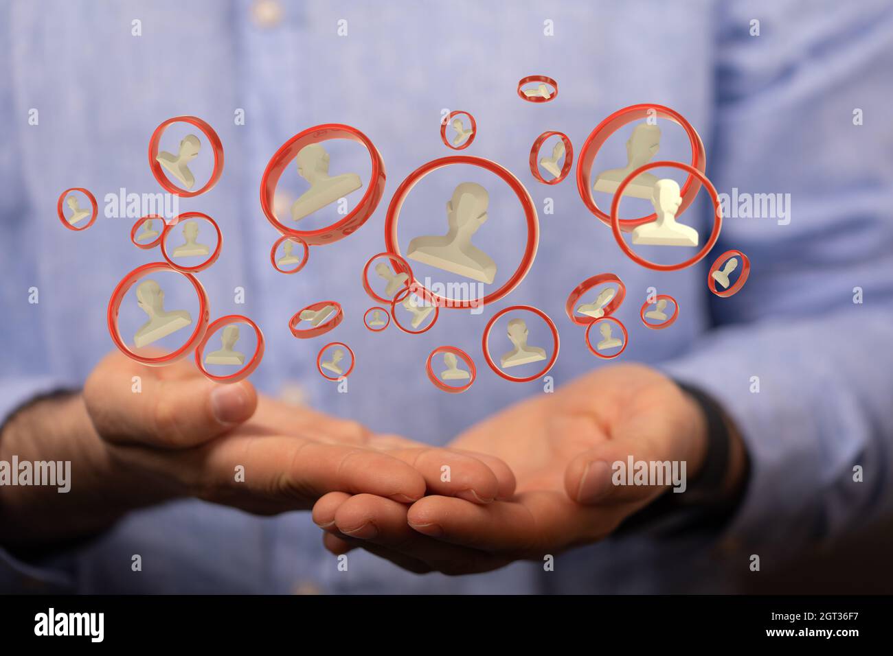 3D rendering of human icons floating on hands- digital work conference ...