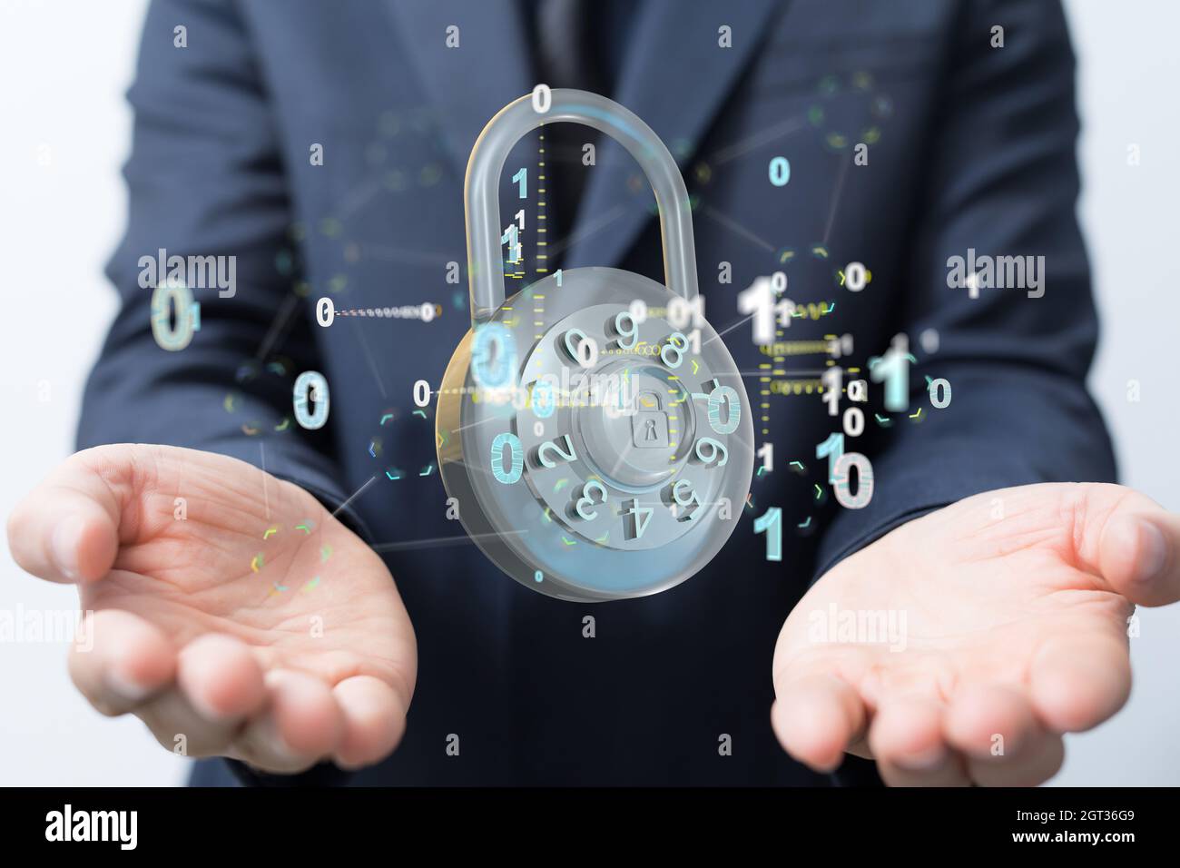 3D rendering of a padlock with binary codes floating over hands- Secure Access System Concept ...