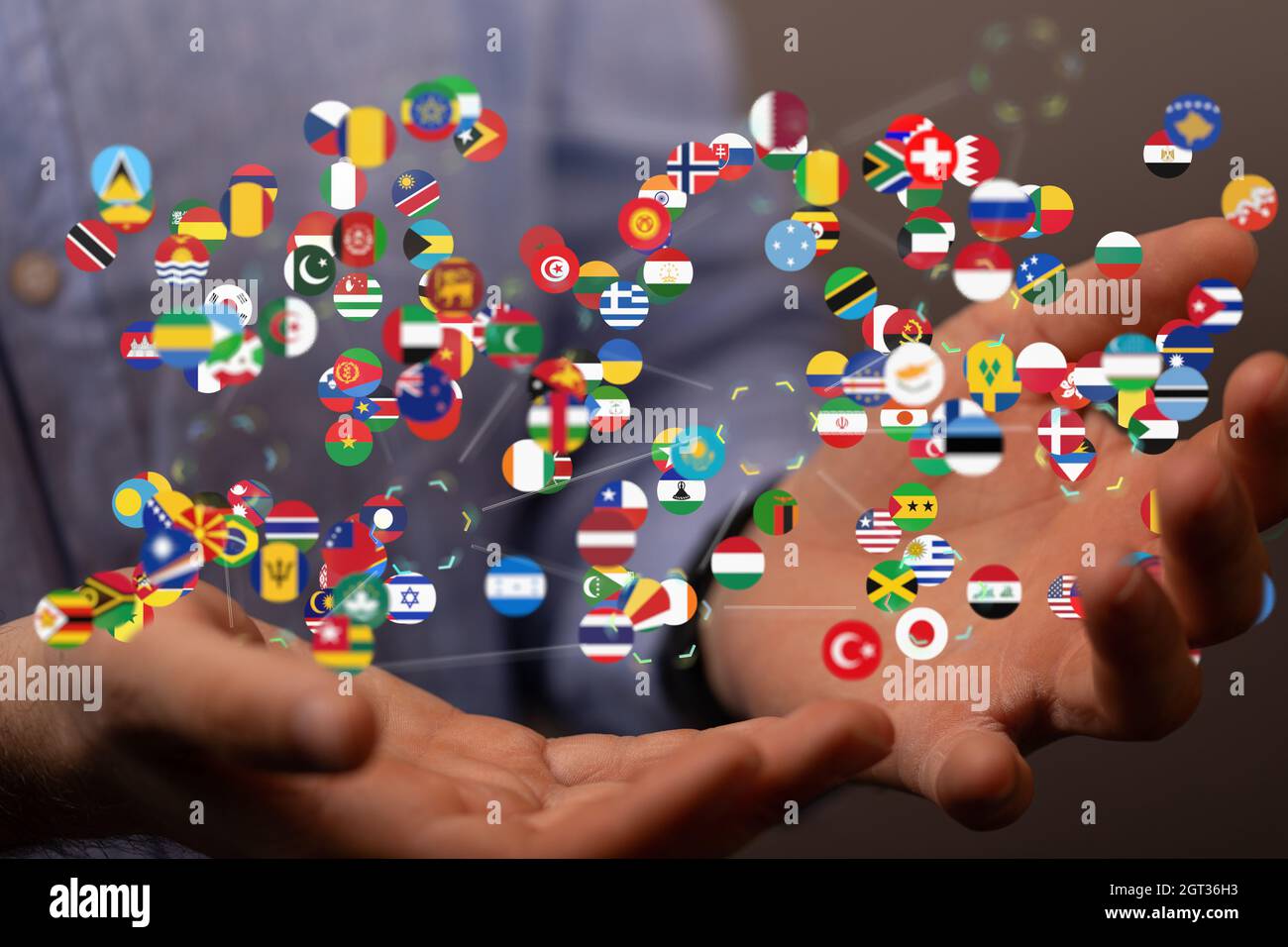 3D rendering of national flags of the world floating on hands-Global ...