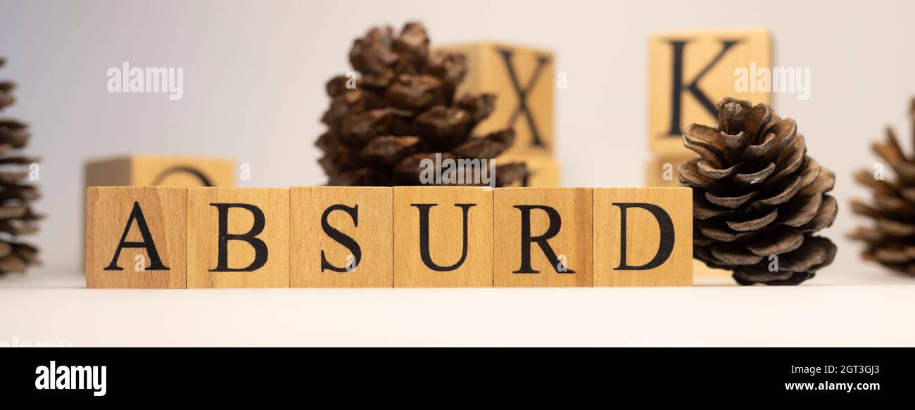 Absurd was created from wooden cubes. pine cone concept. concept. White ...