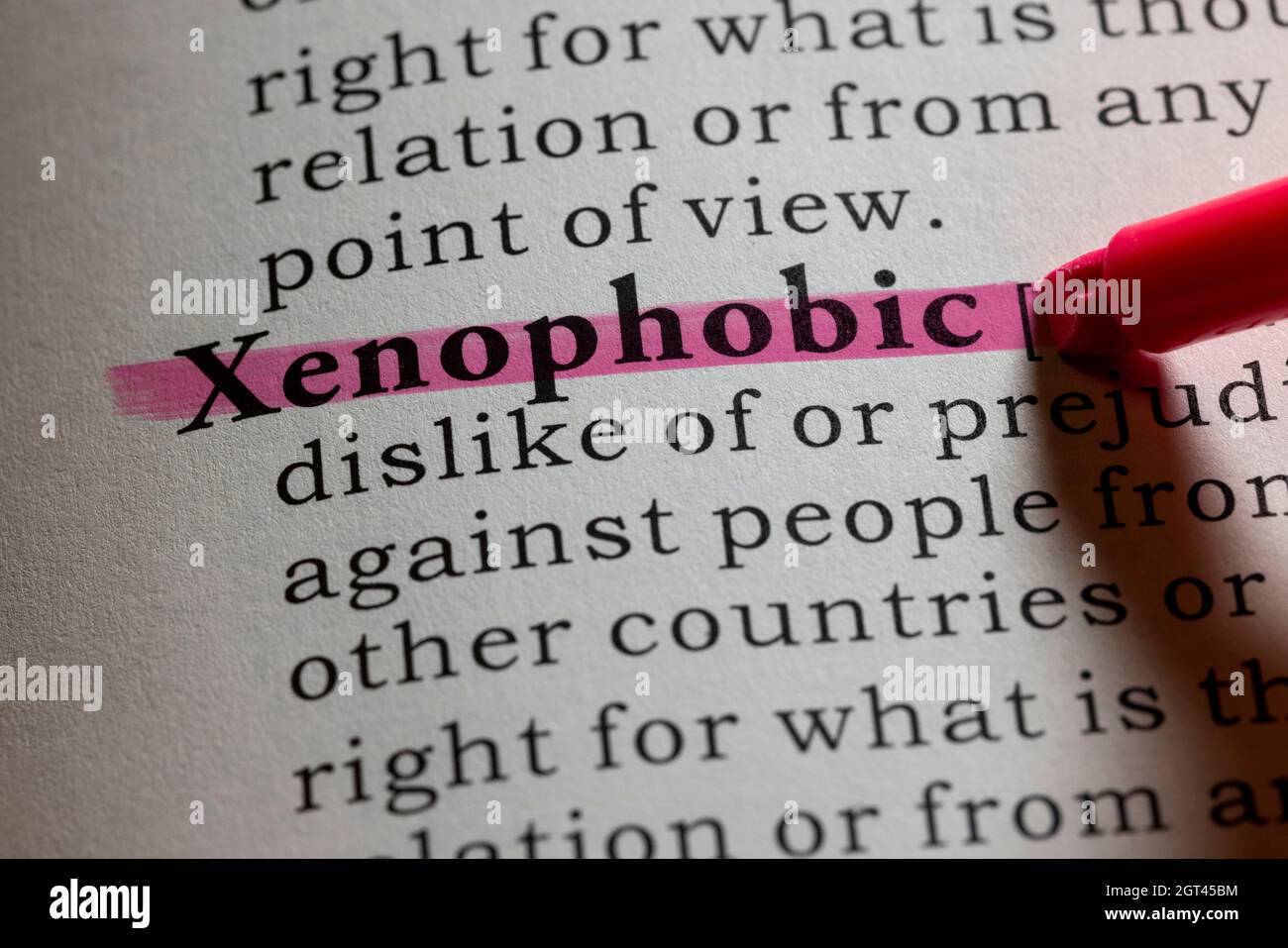 Fake Dictionary word, Dictionary definition of xenophobic Stock Photo ...