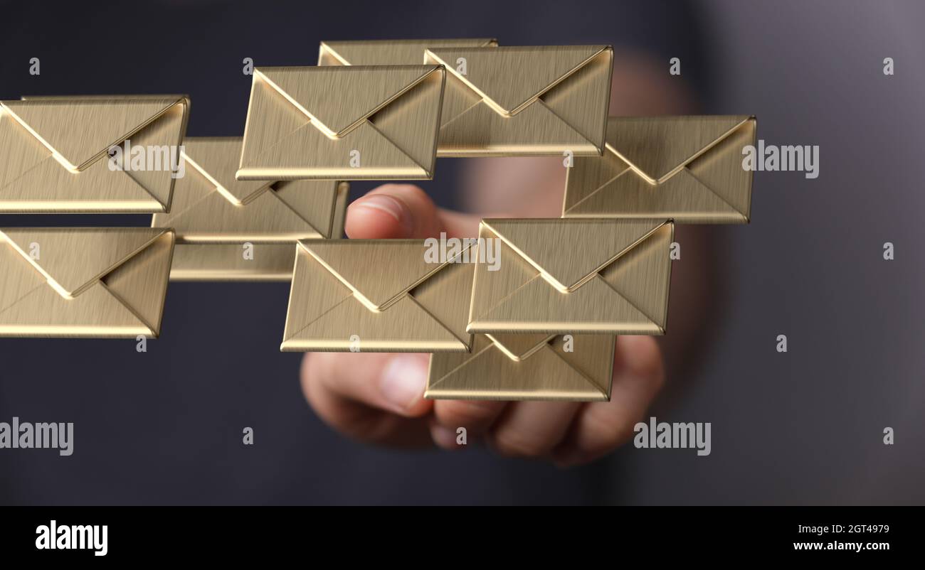 3D rendering of digital envelopes floating on hand- online ...