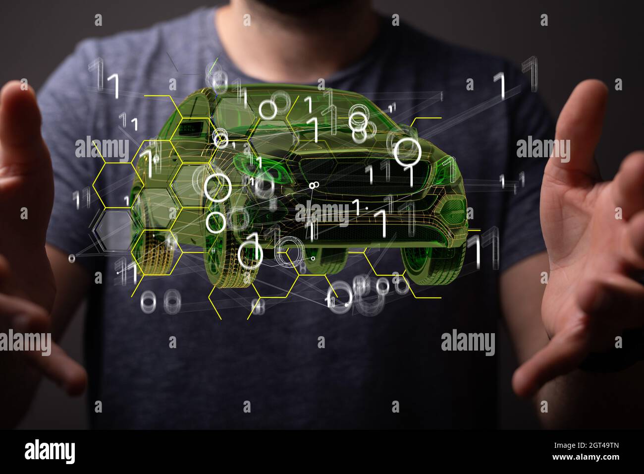 3d rendering of an Electro car floating in between hands ...