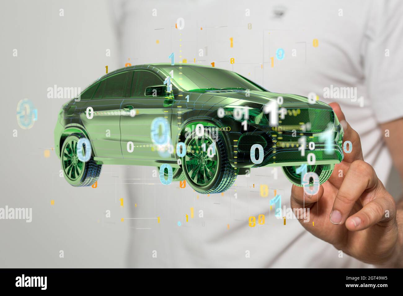 3d rendering of floating Electro car with hand tapping on it ...