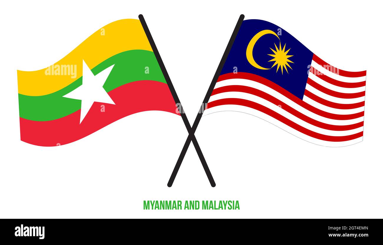 Myanmar and Malaysia Flags Crossed And Waving Flat Style. Official ...