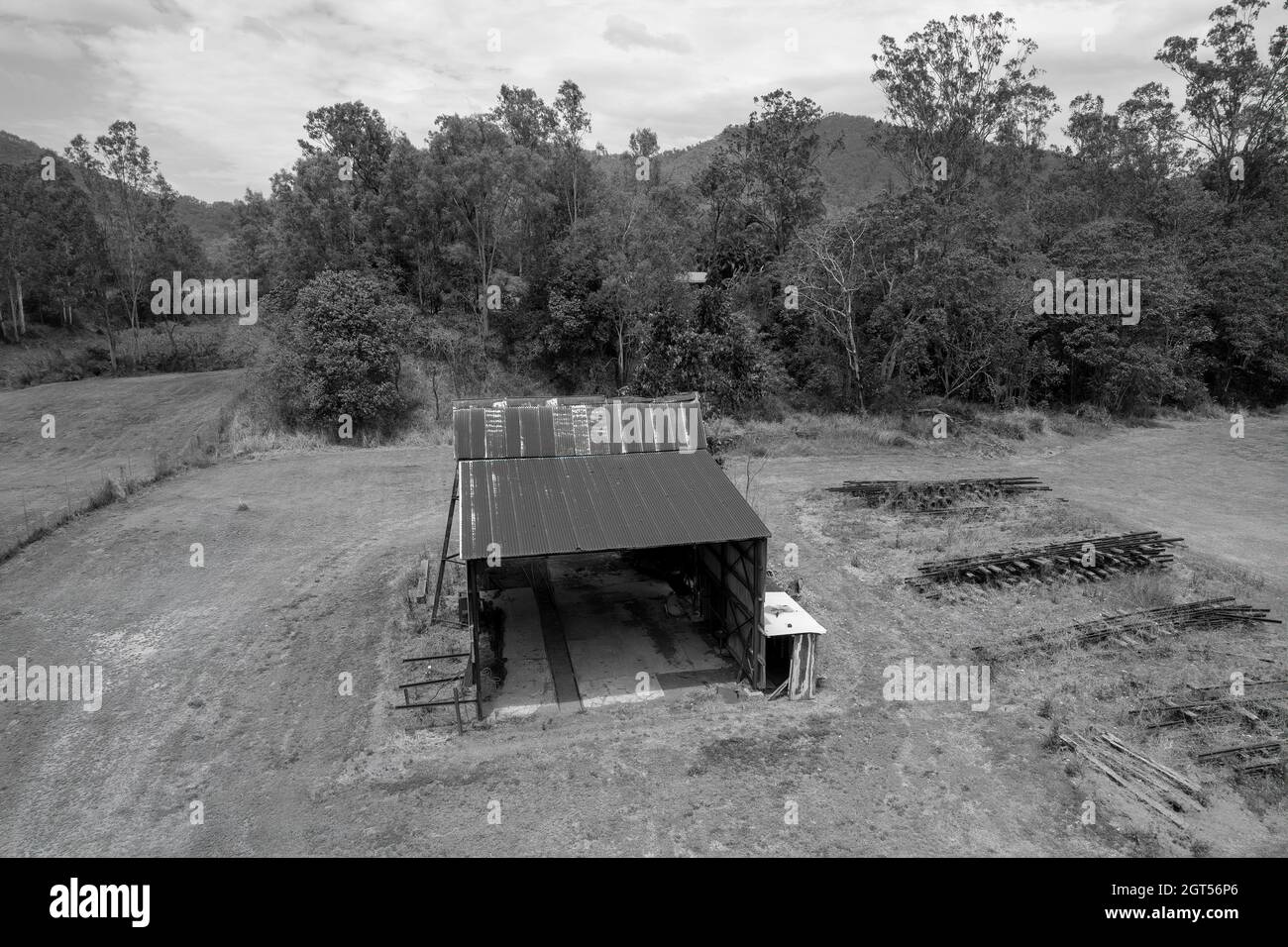 Monotone of historical iron maintenance sugar mill shed in a park ...