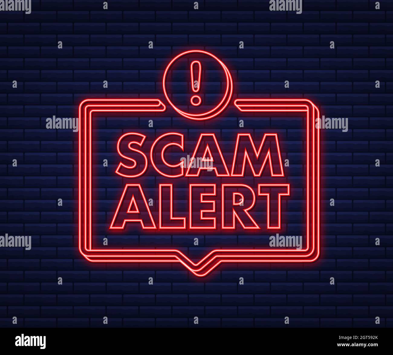 Banner with red scam alert. Attention sign. Neon icon. Caution warning ...
