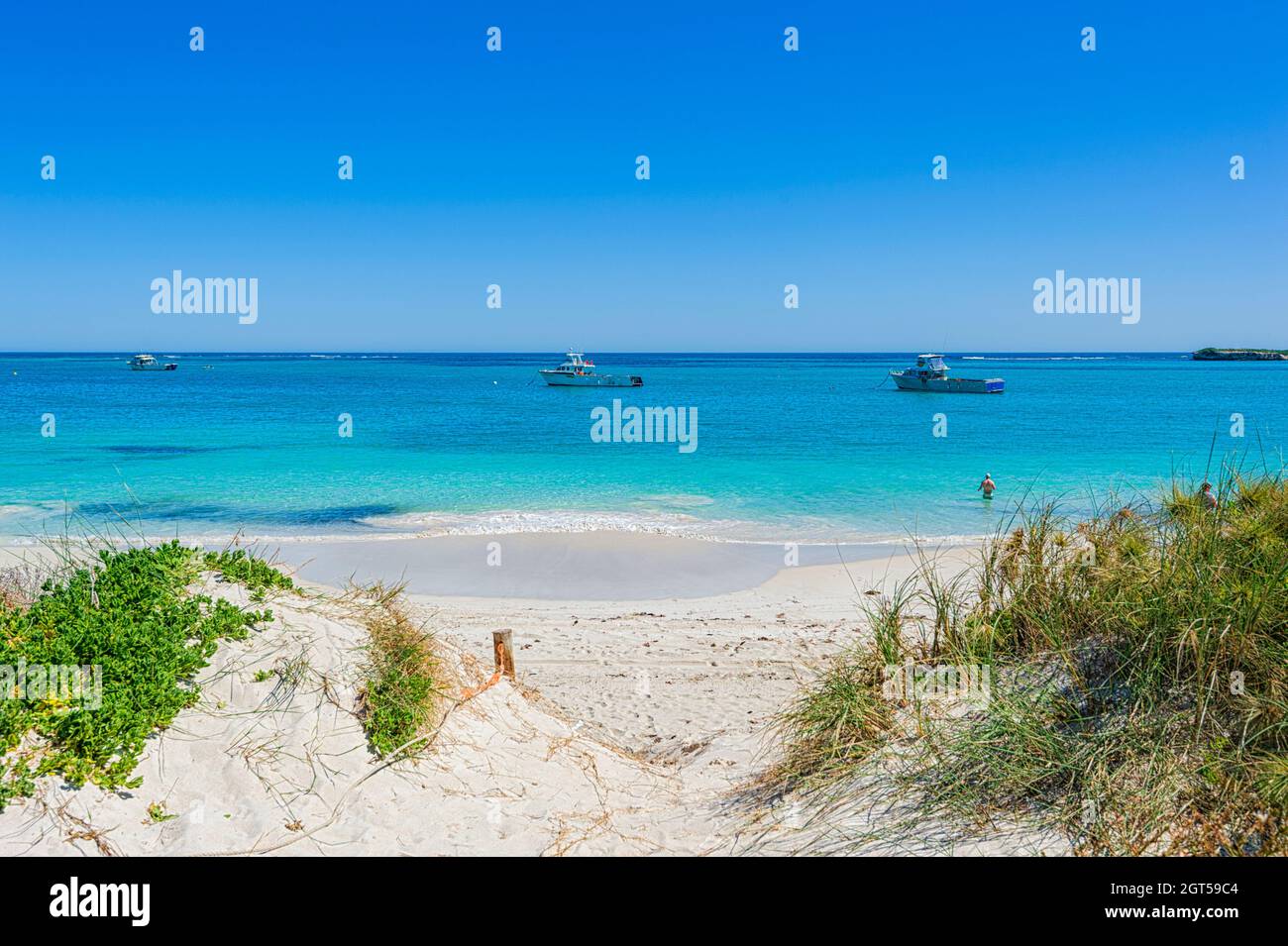 Scenic view of the white sandy beach and turquoise waters at Lancelin ...