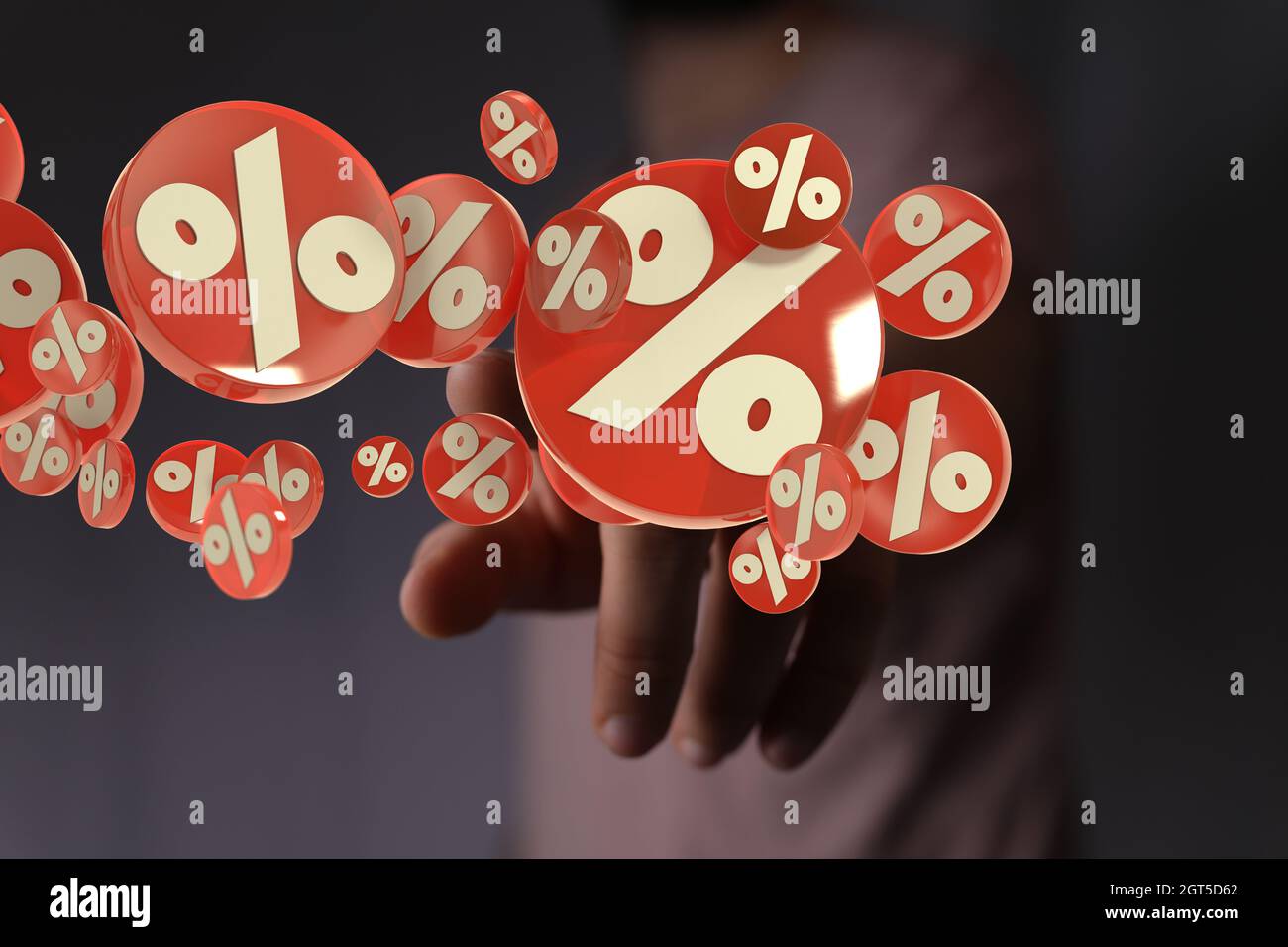 3D rendering of floating percentage icons with hand tapping it from ...