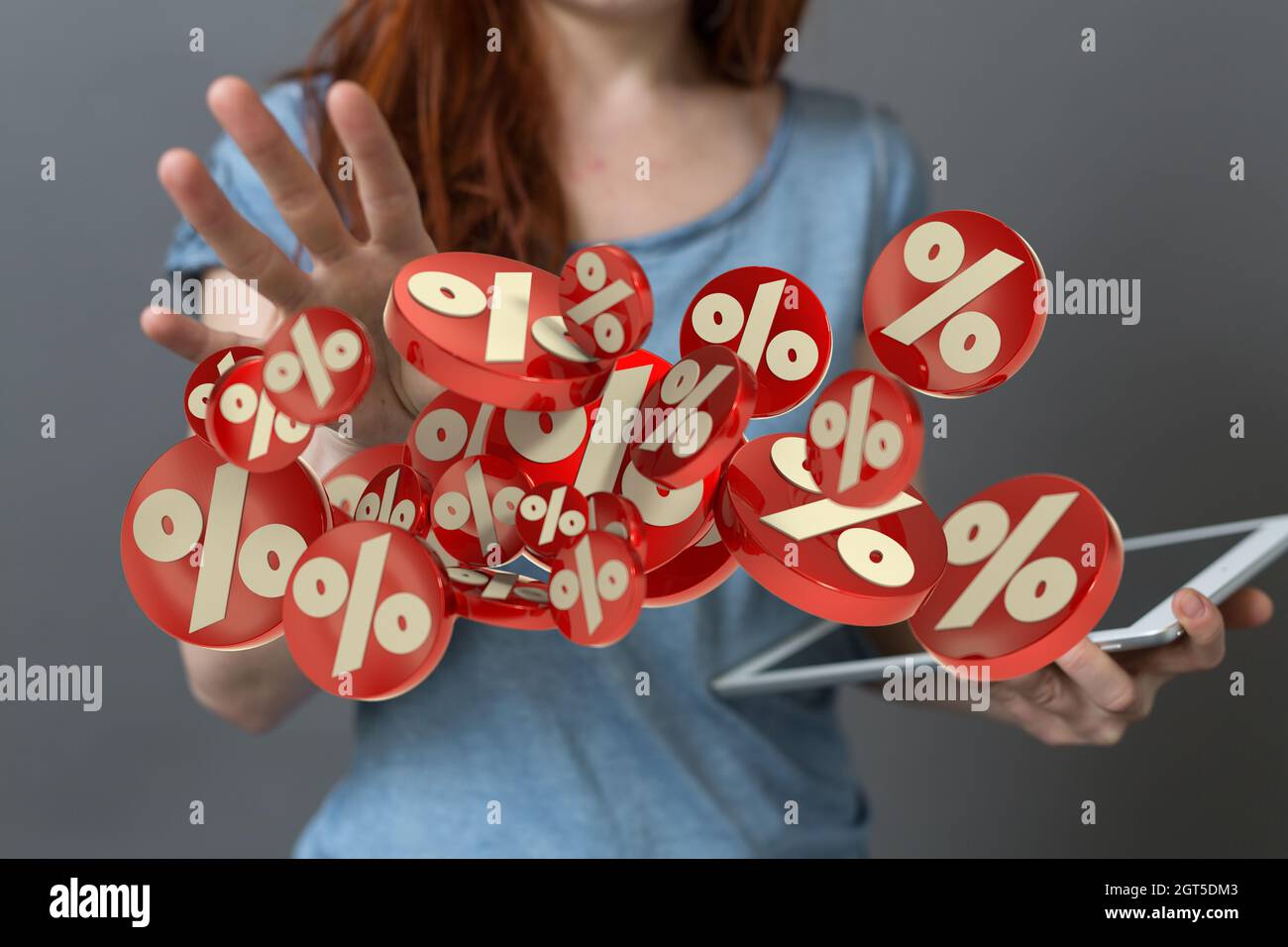 3D rendering of floating percentage icons with female holding mobile ...