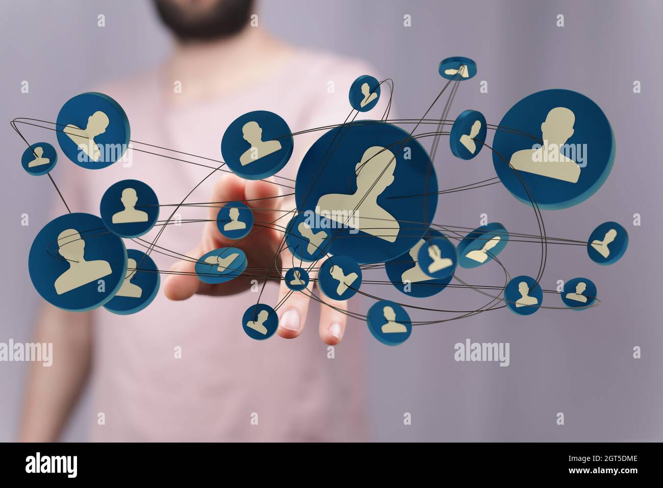 3D rendering of floating human icons with a hand pointing on it ...