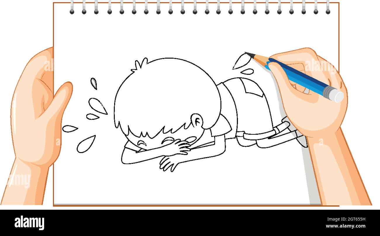 Hand writing of boy crying on the floor outline Stock Vector Image ...