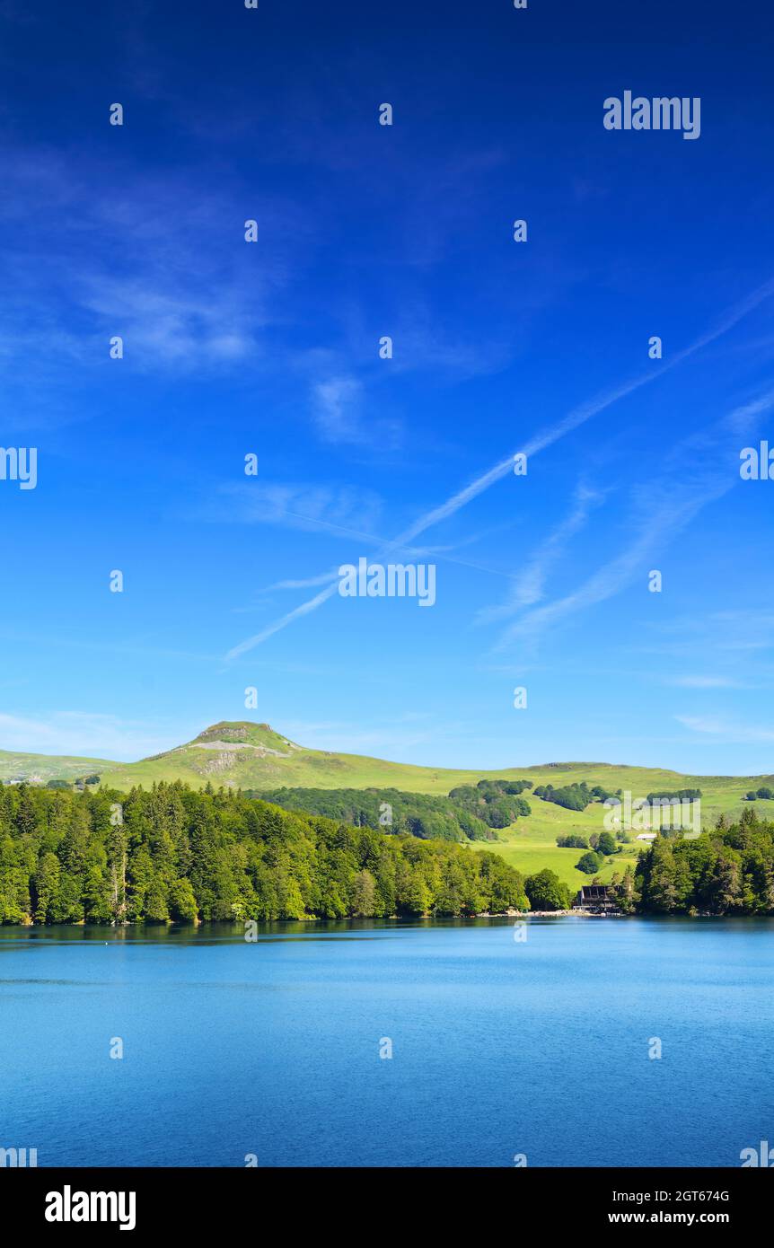 Landscape of Lake Pavin in Auvergne during a beautiful day, France ...