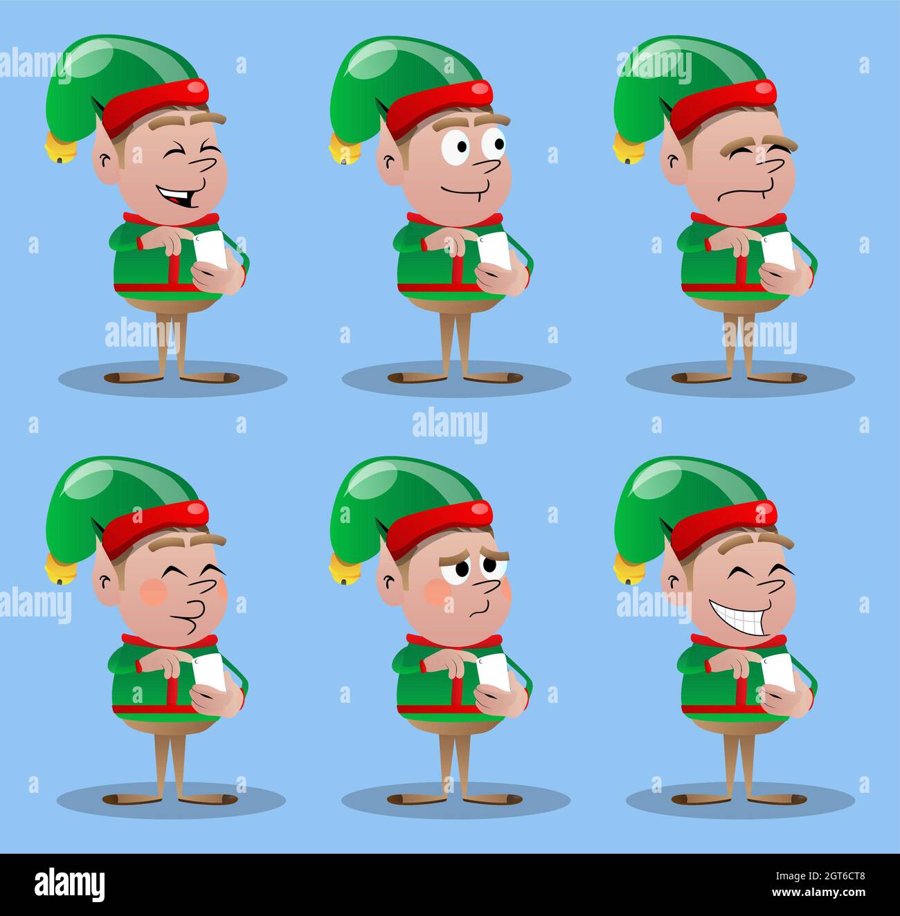 Christmas Elf using a mobile phone. Vector cartoon character ...