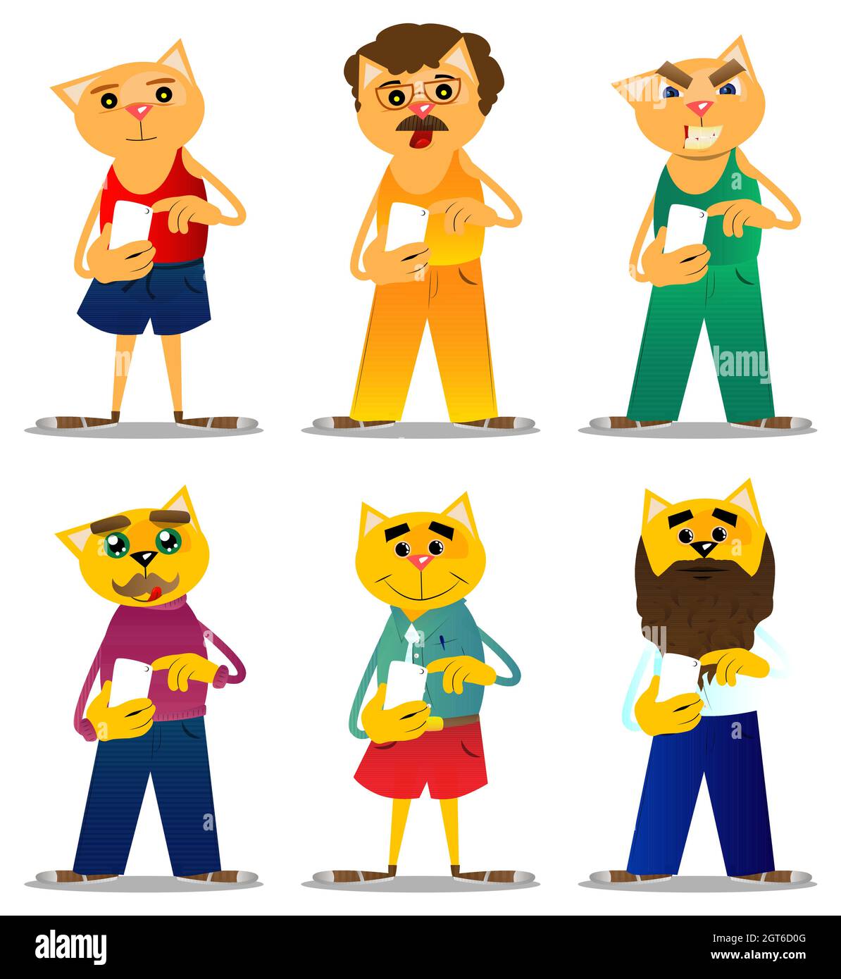 Funny cartoon cat using a mobile phone. Vector illustration. Cute ...