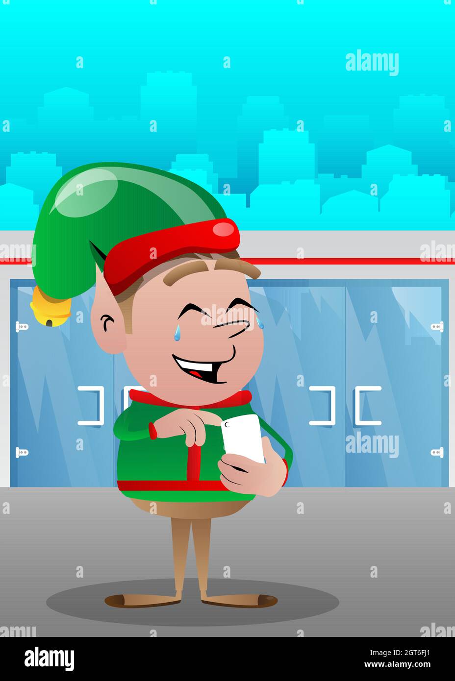 Christmas Elf using a mobile phone. Vector cartoon character ...