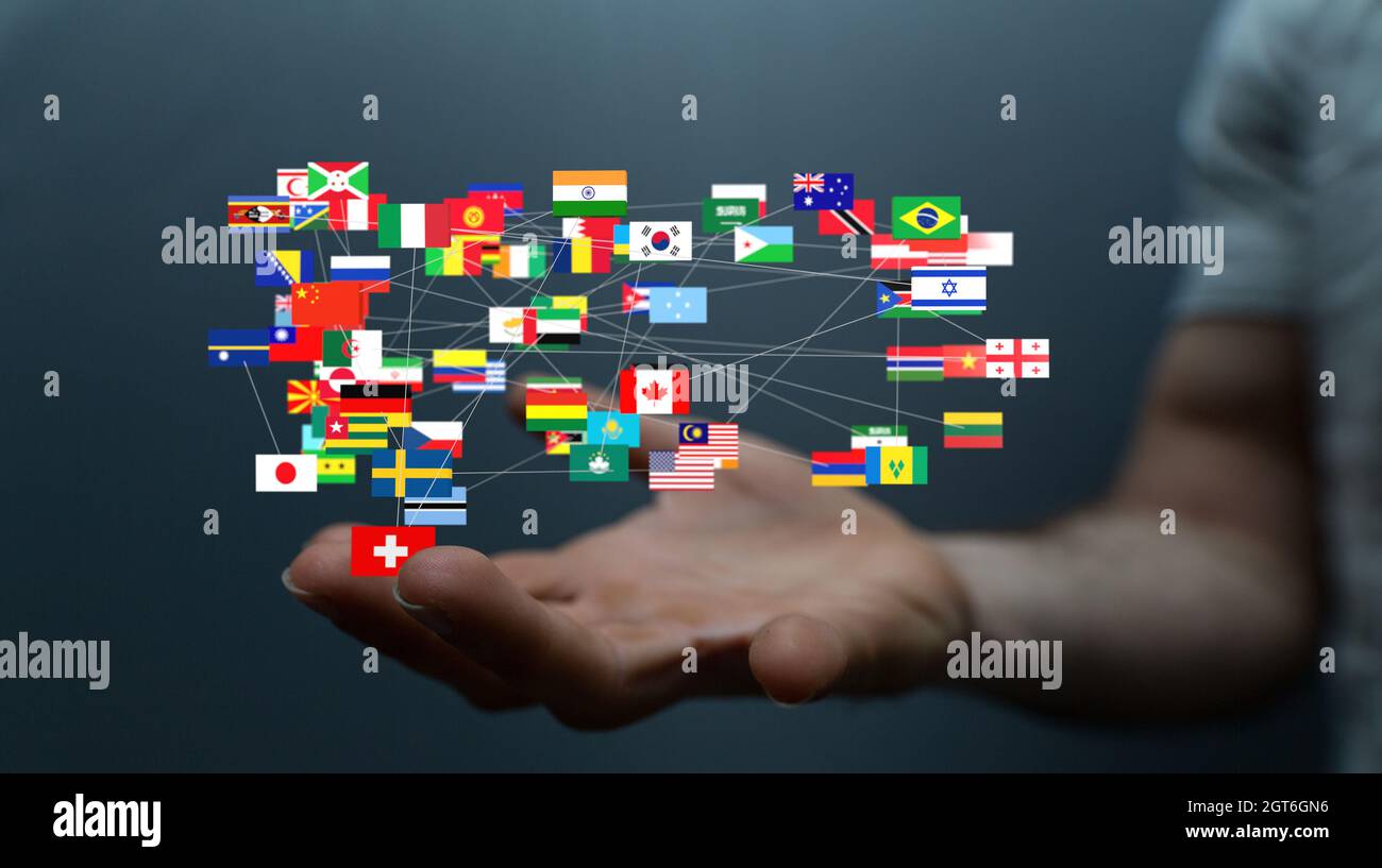 3D rendering of national flags of the world floating on hands-Global ...