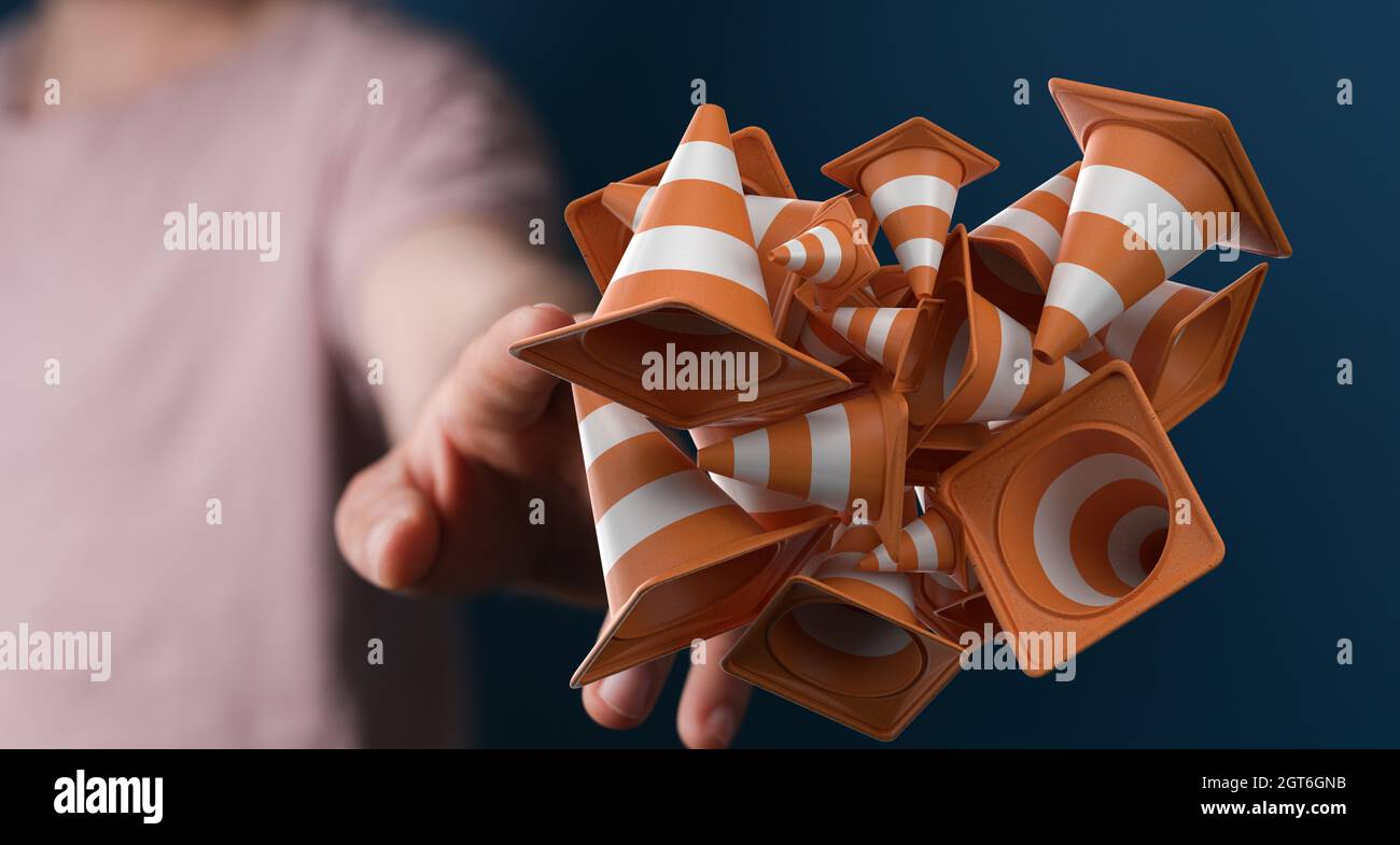 3D rendering of floating traffic cones with a hand tapping behind it ...