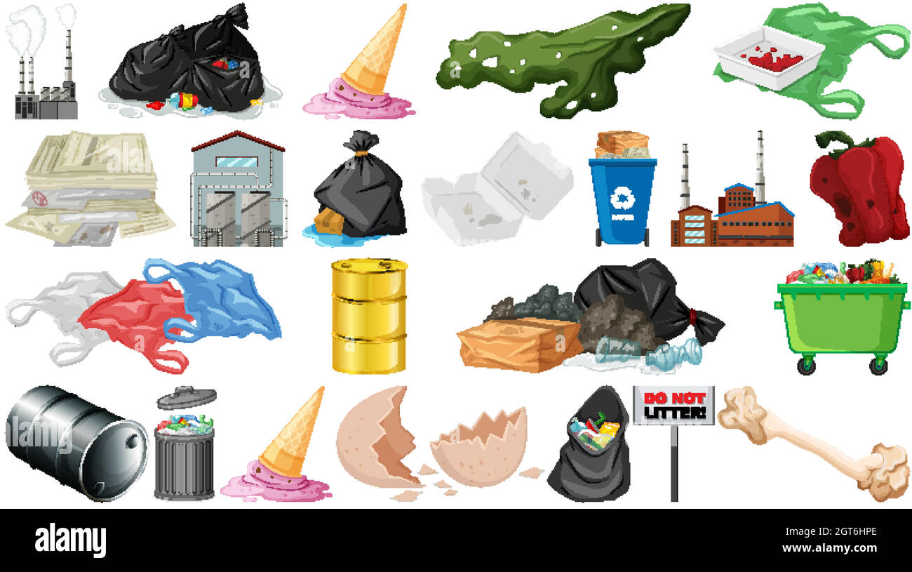 Pollution, litter, rubbish and trash objects isolated Stock Vector ...