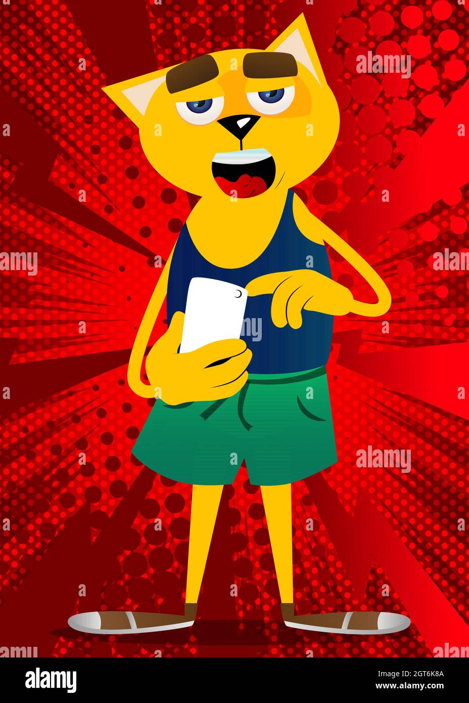 Funny cartoon cat using a mobile phone. Vector illustration. Cute ...