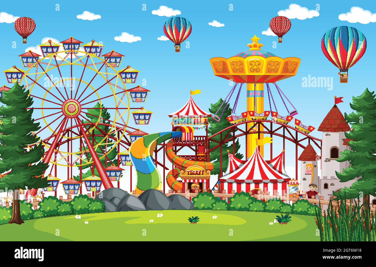 Amusement park scene at daytime with balloons in the sky Stock Vector ...