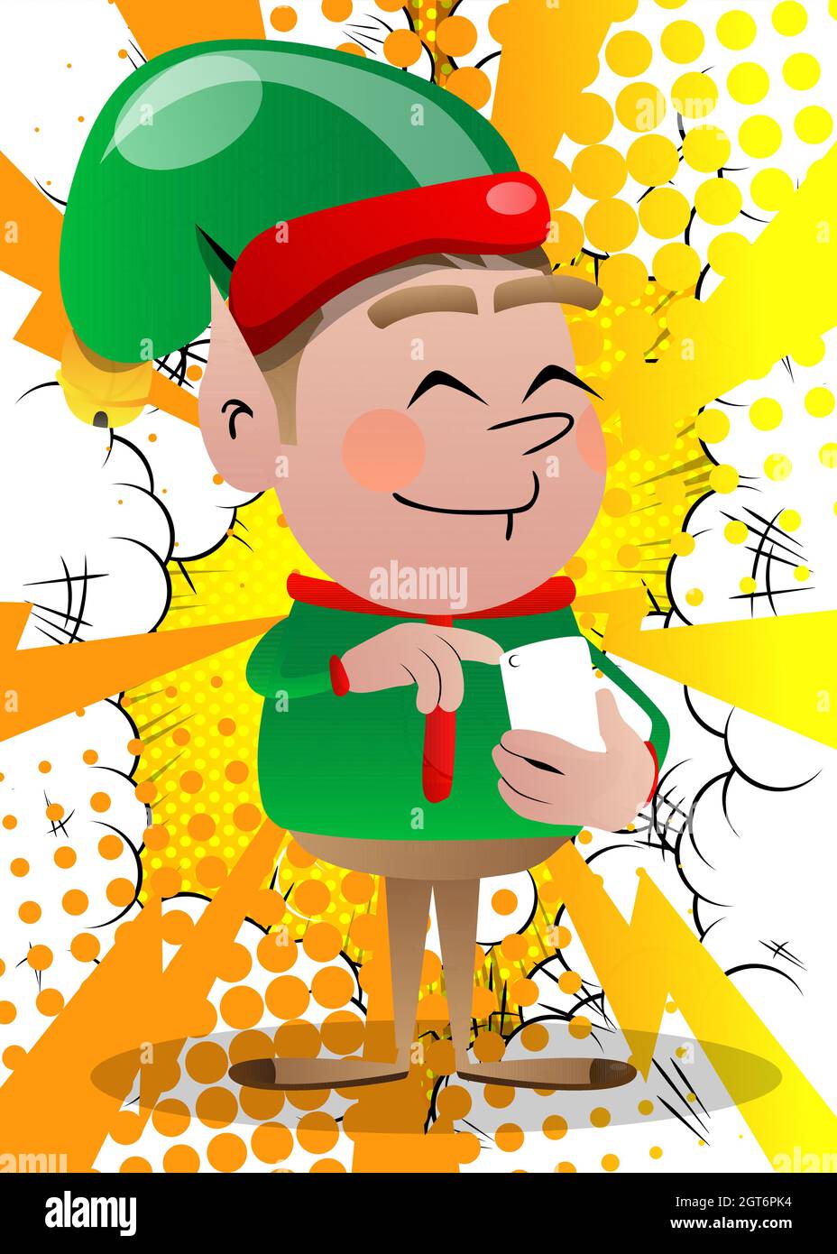 Christmas Elf using a mobile phone. Vector cartoon character ...