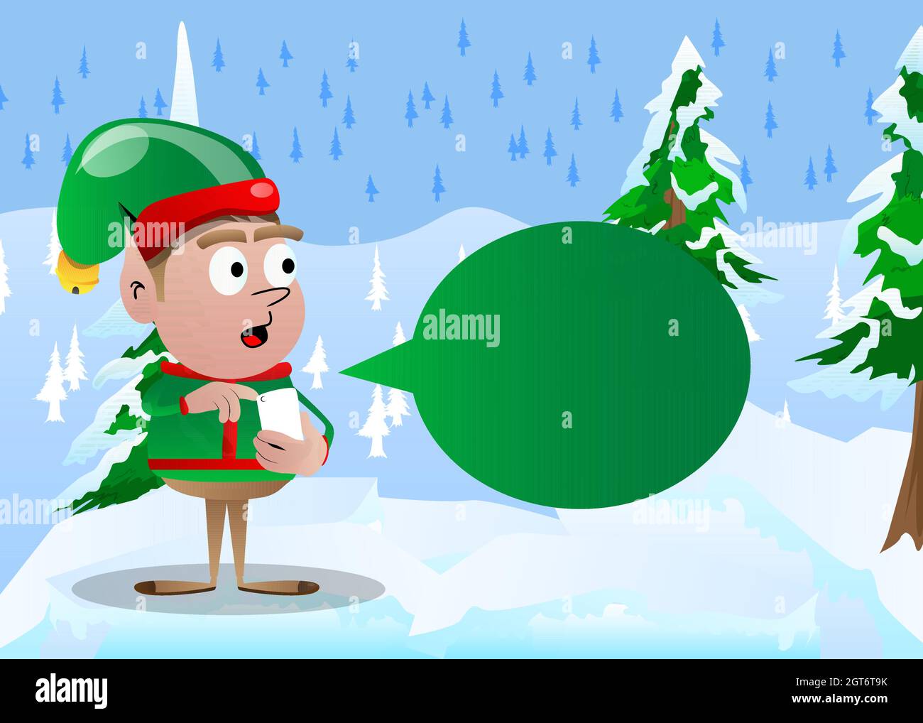 Christmas Elf using a mobile phone. Vector cartoon character ...