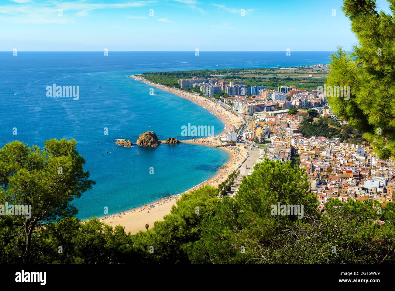 Beach and coast of Blanes city seen from Castell Sant Joan in Spain ...