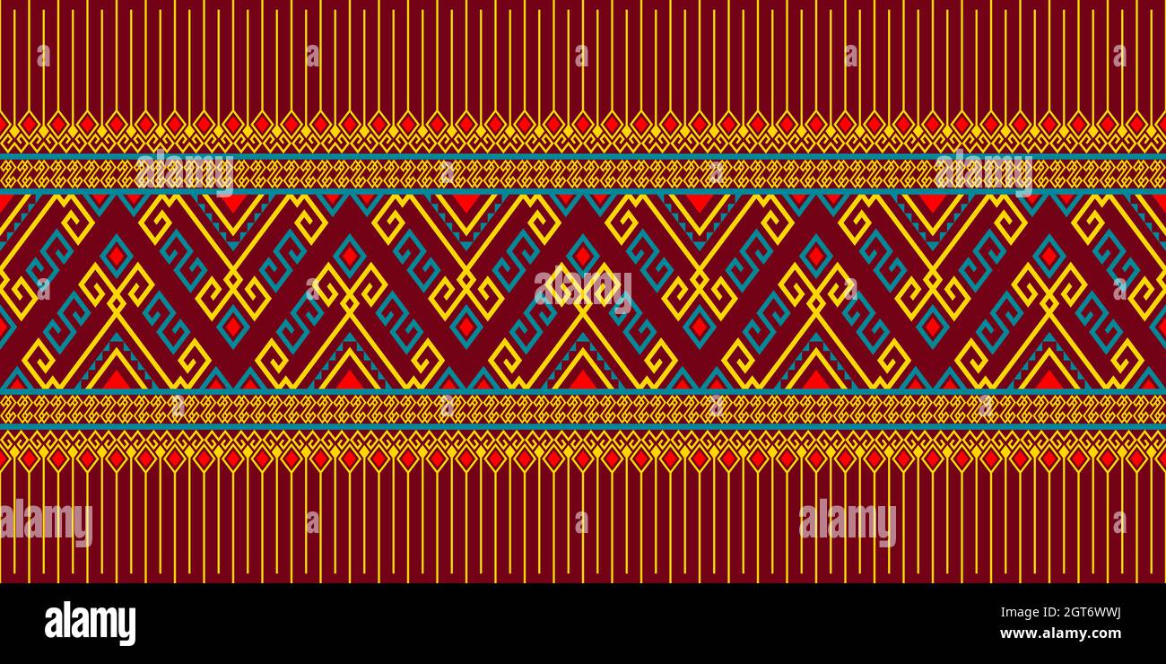 Yellow Green Tribe or Native Seamless Pattern on Red Background in ...