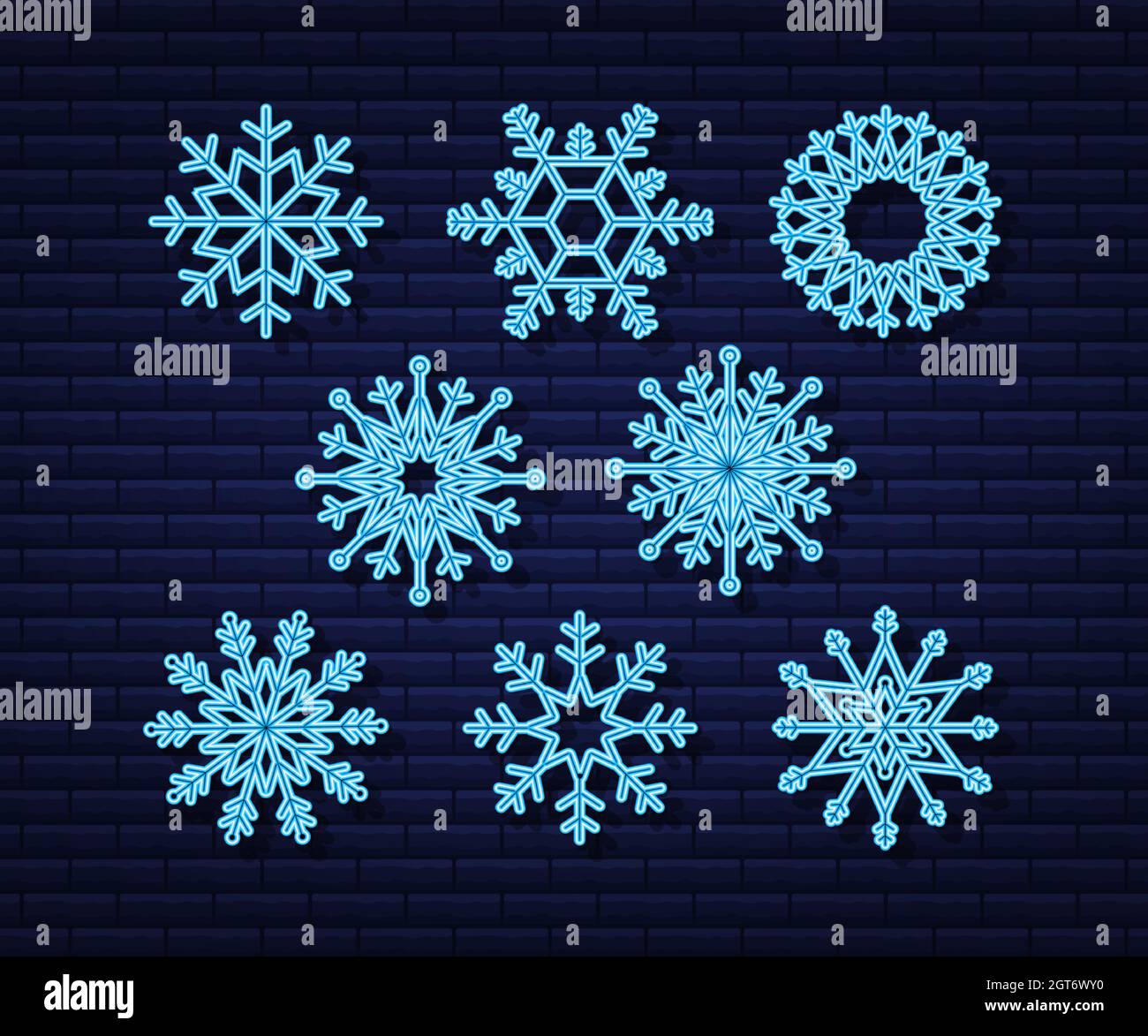 Snowflake vector icon background set white color. Winter blue neon ...