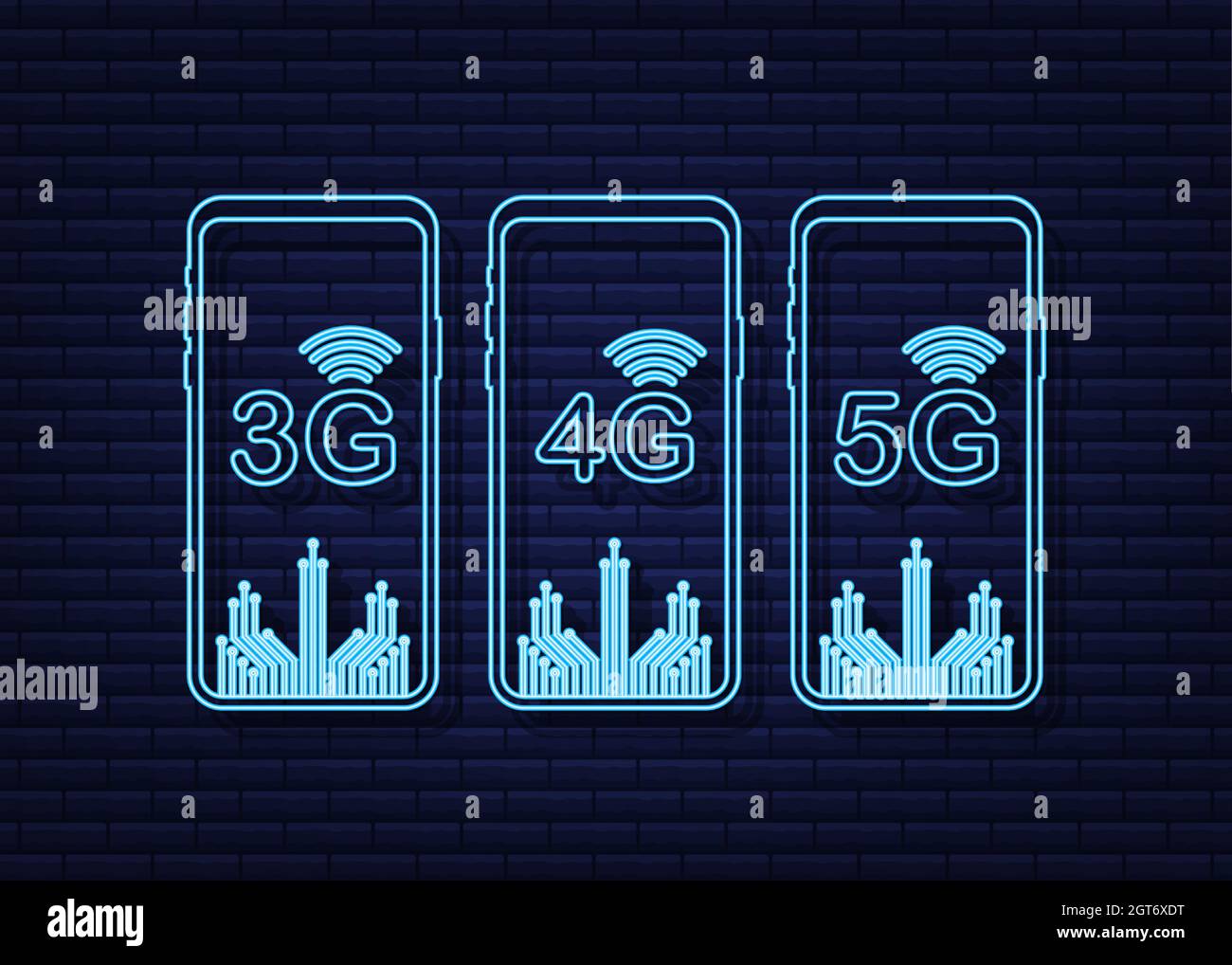 5G, 4G, 3G neon symbol set isolated on background, mobile communication ...