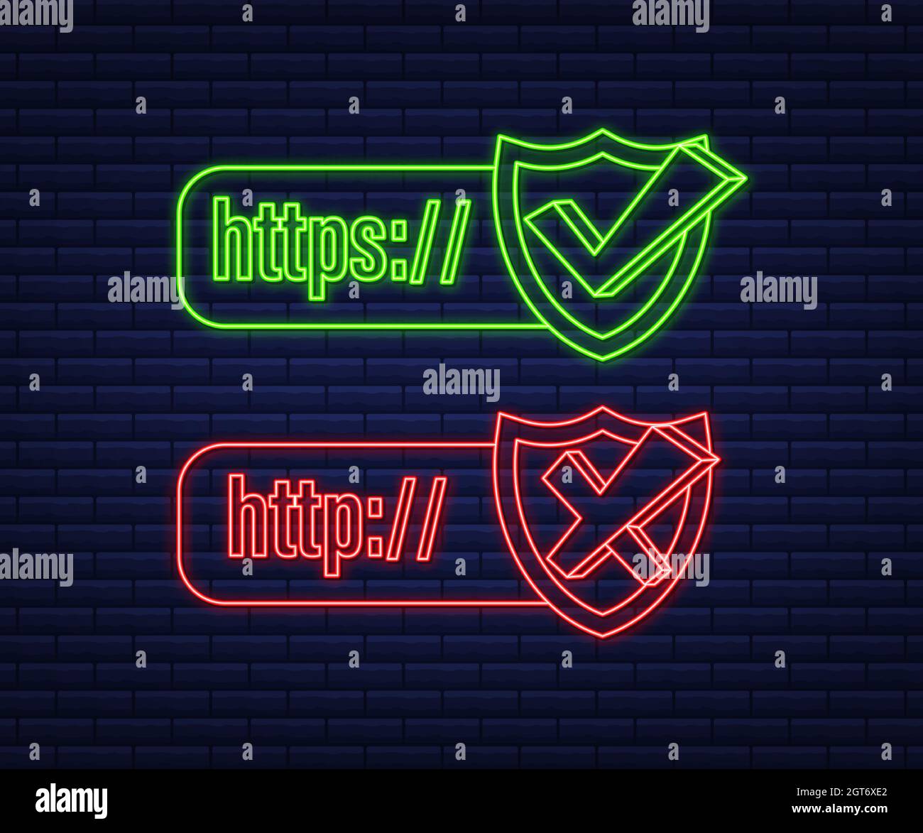 Neon style http and https protocols on shield, on dark background ...